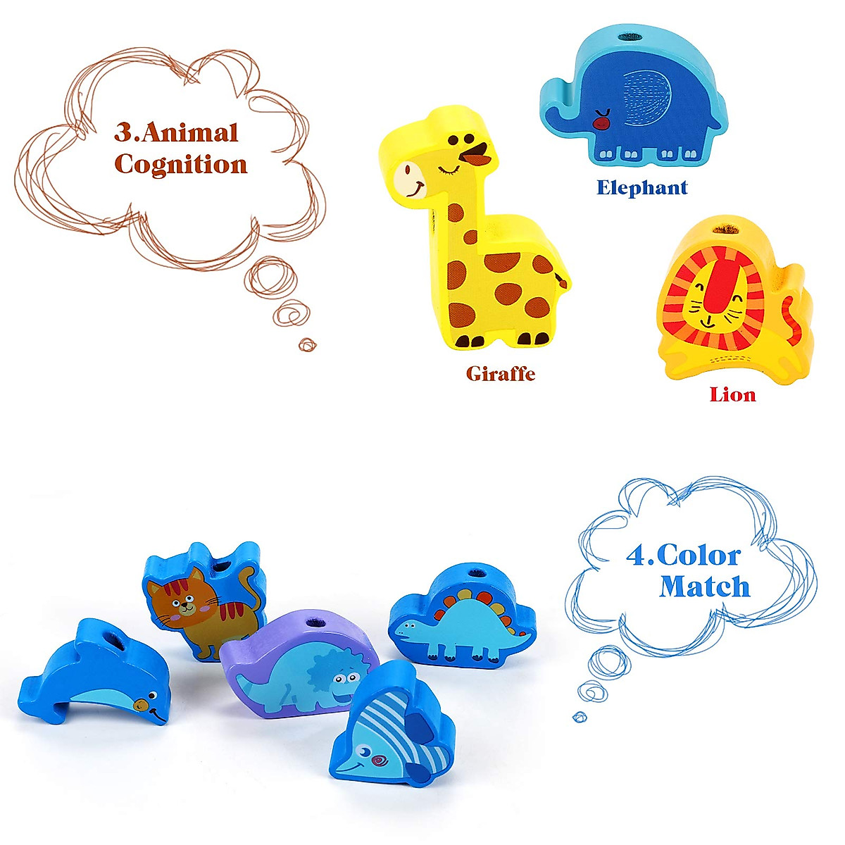 Tacobear Wooden Lacing Beads for Toddlers Montessori Threading String Toys, Dino Safari Farm Sea Animal Preschool Educational Learning Toys Christmas Birthday Gift for Kids 3 4 5 6 Year Old Boys Girls