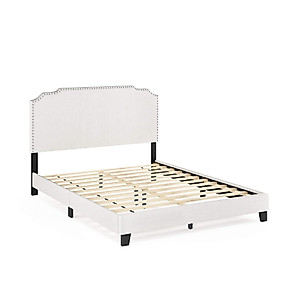 Furinno Nadia Nailhead Trim Bed Frame, Queen, Gray