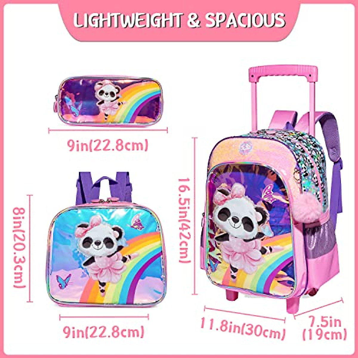 MYHSBYO Panda Rolling Backpack for Girls Kids School Wheels Backpack for Girls Sequin Backpack with Lunch Box Roller Backpack for Elementary School