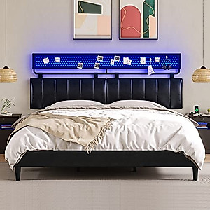 Hasuit King Size Smart LED Bed Frame, Upholstered Platform Bed Frame with Wall Mount Headboard, Verticle Channel Faux Leather Design, No Box Spring Needed, Black