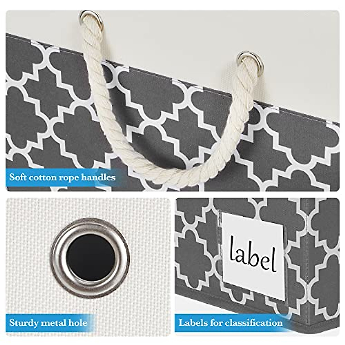 RVSNQ Large Fabric Storage Bins, Closet Storage Bins with Cotton Rope Handle and Label, Foldable Storage Boxes for Organizing, Storage Baskets for Shelves Bedroom Office (3-Pack, Grey Quatrefoil)