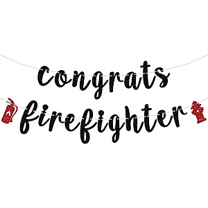 Congrats Firefighter Banner, Class of 2024/Congrats Grad, Fire Department Graduation Party Decoration Supplies for Fireman, Black Glitter