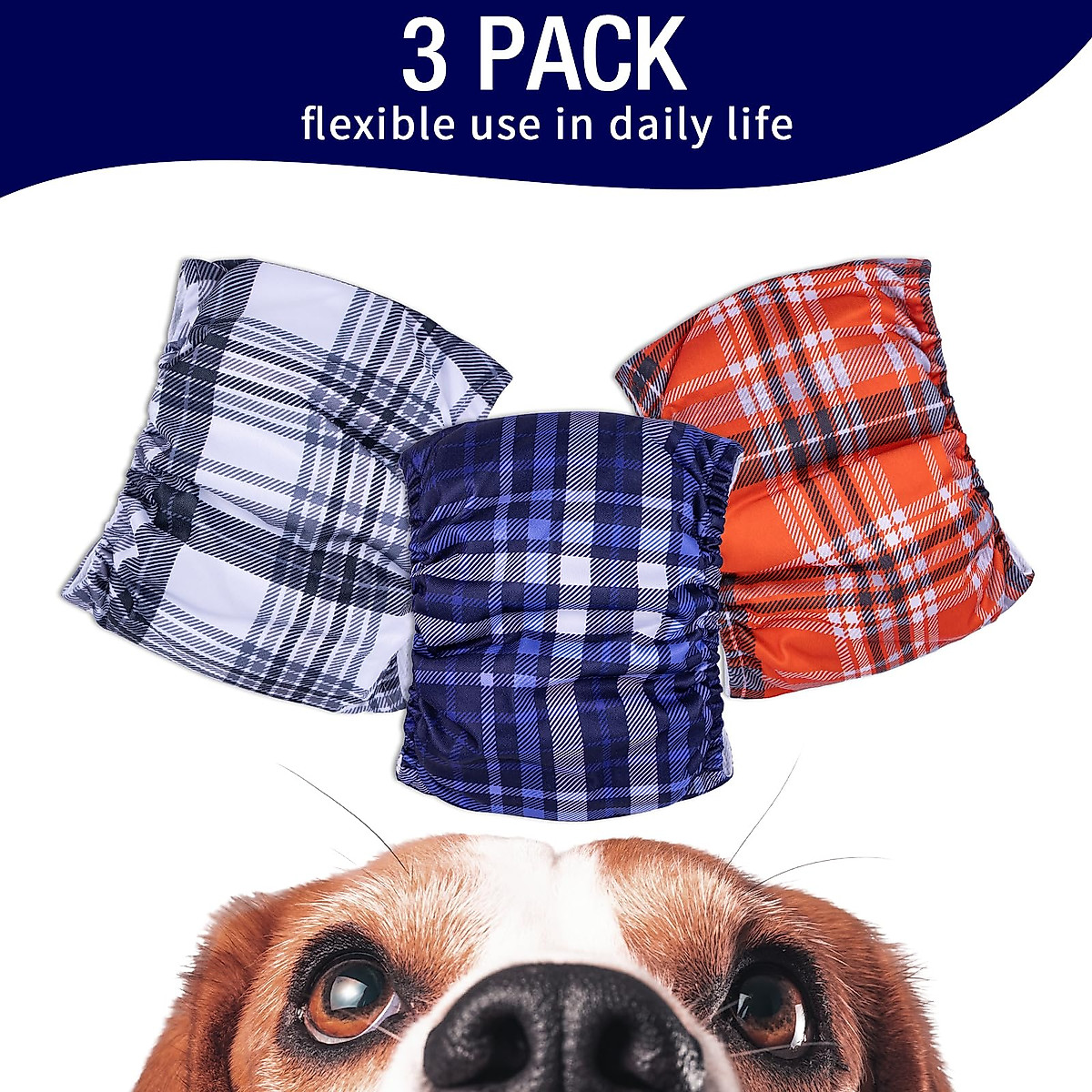 MICOOYO Washable Belly Bands for Male Dogs | Reusable Doggie Diapers | Absorbent Doggy Wraps with Adjustable Fastener - XSmall (Pack of 3, Plaid Red & Blue & Grey)