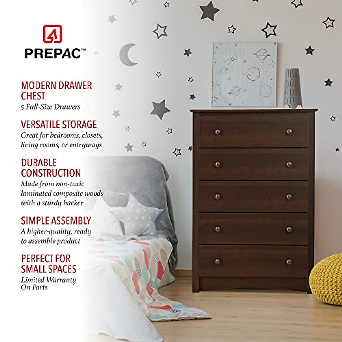 Prepac Fremont Superior 5-Drawer Chest for Bedroom - Spacious and Stylish Chest of Drawers, Measuring 17.75"D x 31.5"W x 44.75"H, In Espresso Finish