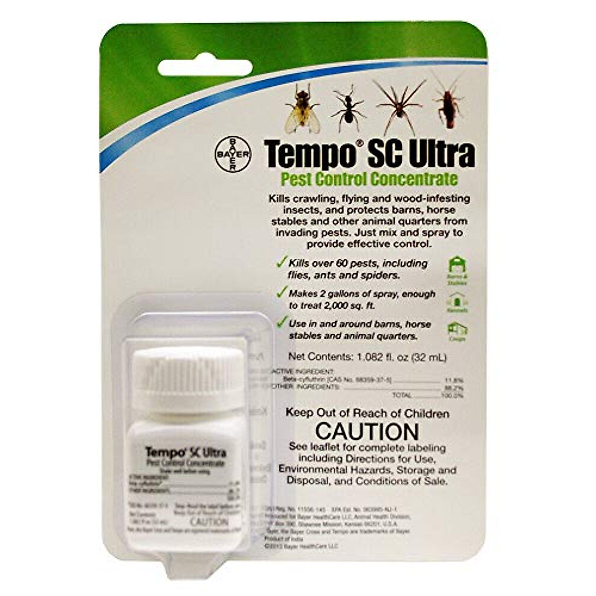 Tempo SC Ultra 32ml bottle Kills over 60 pest, including flies, ants and spiders. Makes 2 gallons of spray enough to treat 2,ooo sqft. Use in and around barns, horse stables, and animal quarters