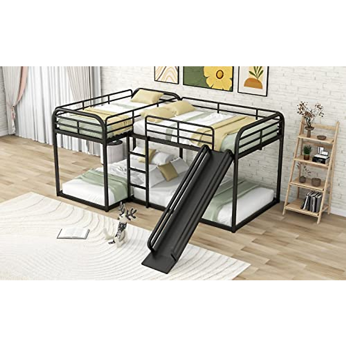 Goohome Full and Twin Size L-Shaped Bunk Bed with Slide and Short Ladder, Metal Bunk Bed Bedroom Furniture w/Safety Guardrail, Accommodate 4 People, for Kids, Teens, Adults, No Box Spring Needed
