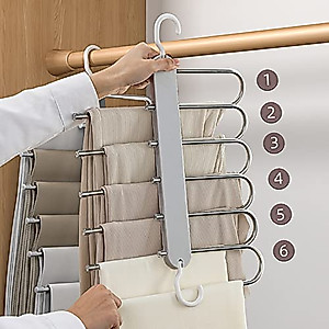 Pants Hangers Space Saving | Lerkumey Non-Slip Clothes Hangers | Multifunctional Clothes Pants Hangers Closet Storage Organizer | 6 Layered Pants Rack Organizer for Scarf Jeans Trousers（Grey）