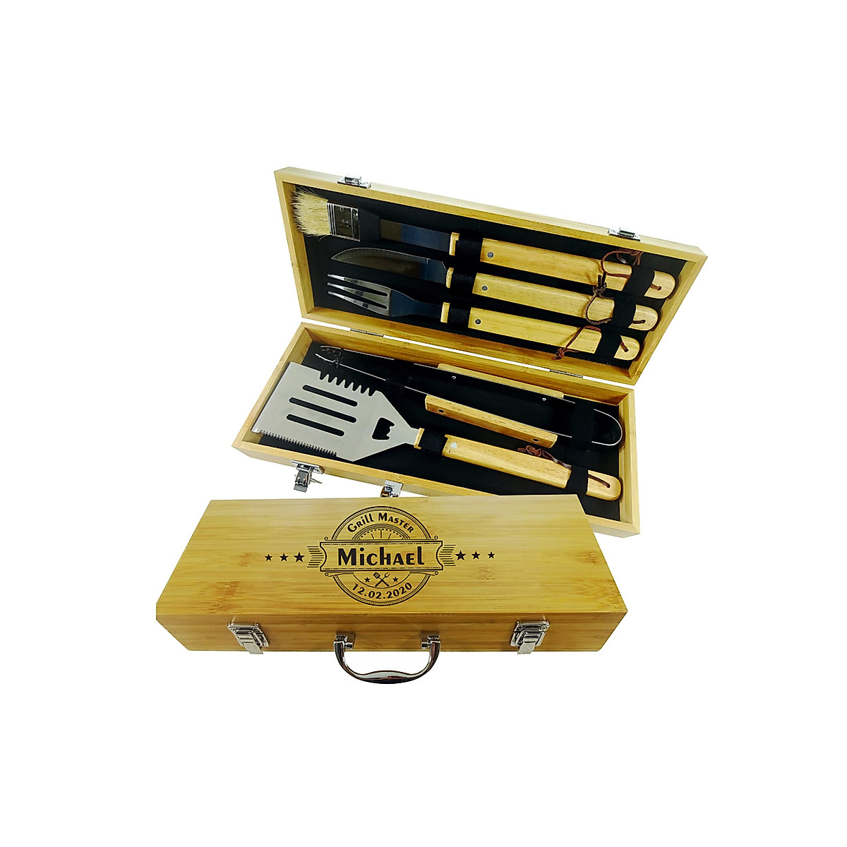BBQ SET 5 tools | Custom engraved/personalized grilling set with 5 useful Barbeque grilling tools | Barbecue Utensils Gifts for Men & Women | In natural bamboo case | Grill Utensils Set for Dad