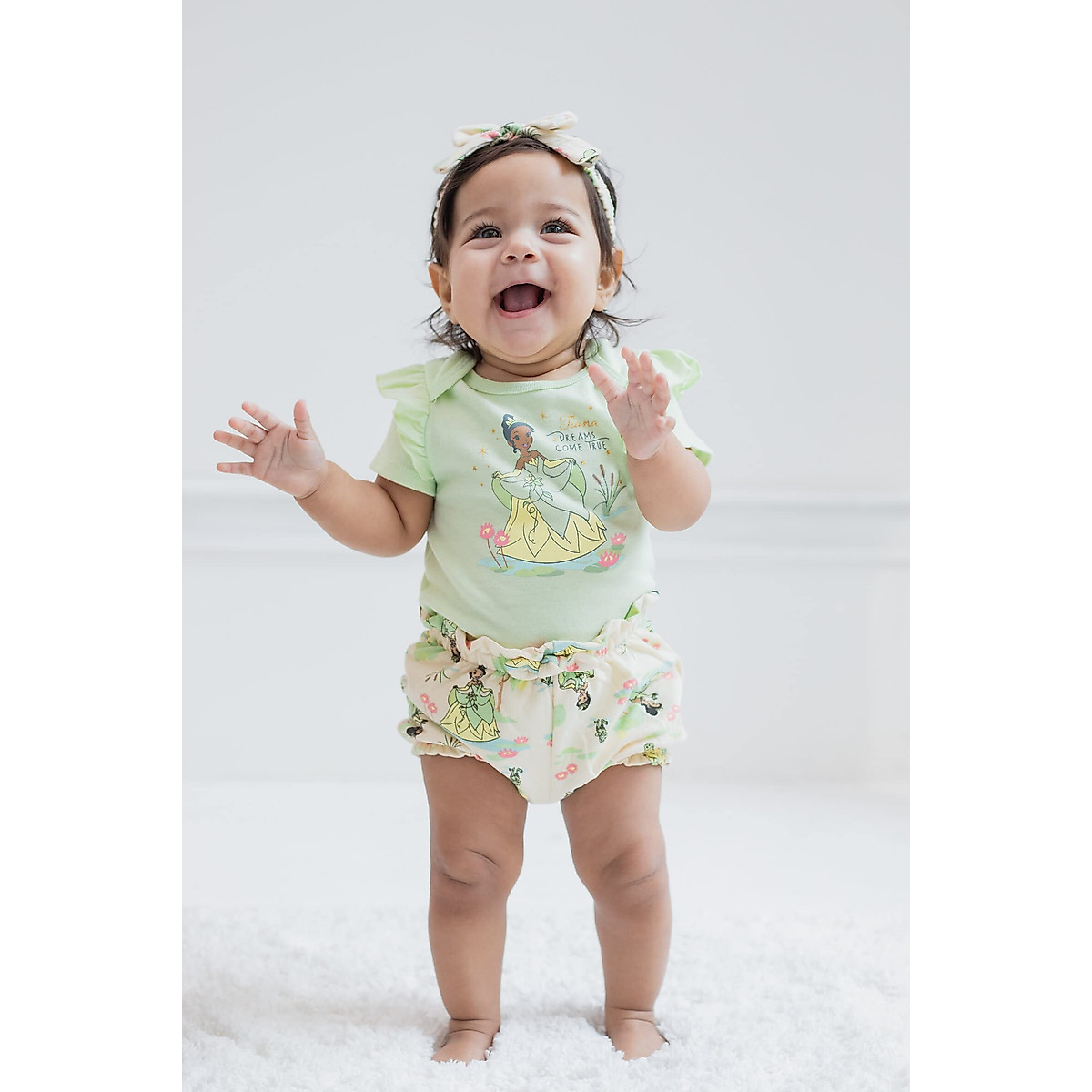 Disney Princess Tiana Infant Baby Girls Bodysuit Shorts and Headband 3 Piece Outfit Set Green/Khaki 24 Months