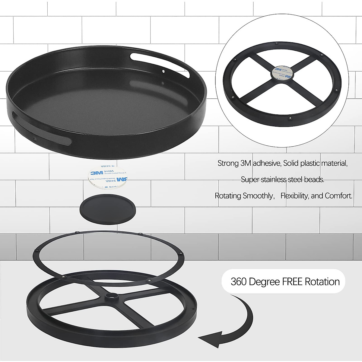 FYY Lazy Susan Turntable Cabinet Organizer Spice Storage Rack, 360 Degree Rotating Spice Rack Metal Lazy Susan for Cabinet Pantry Kitchen Countertop Refrigerator Table Storage Single Layer Black