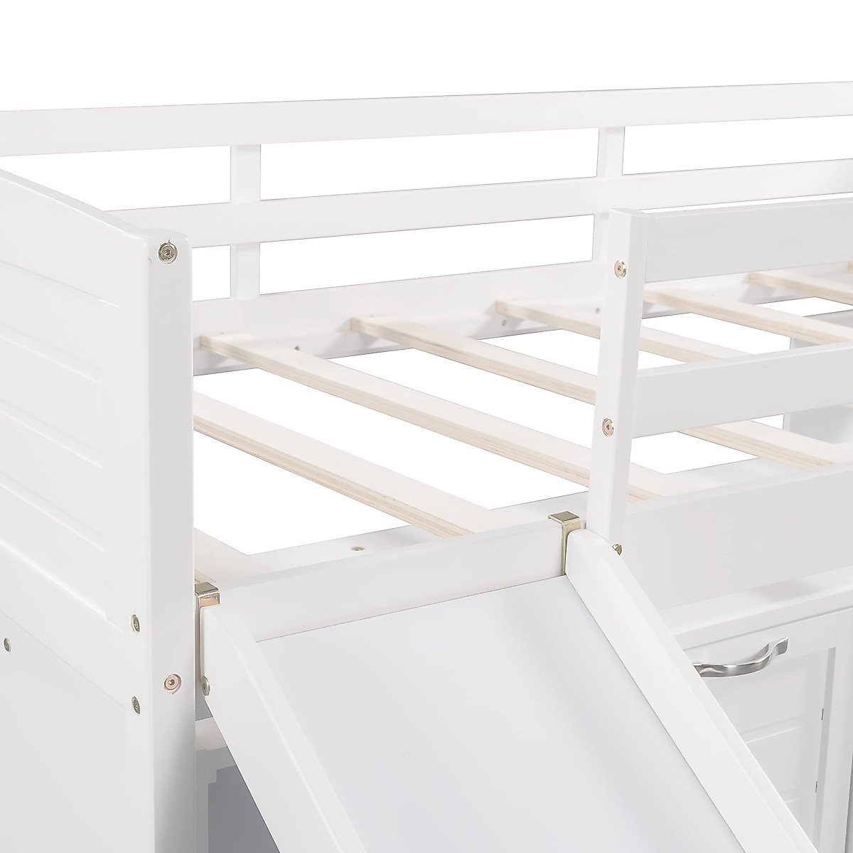MERITLINE Twin Loft Bed with Slide, Kids Loft Bed with Storage Shelves and Drawers, Wood Low Loft Bed with Cabinet, Twin Size Loft Bed Frame for Living Room, Bedroom (White, New)