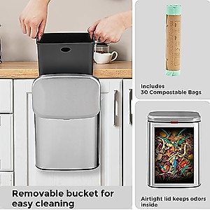 Nunsino Hanging Kitchen Compost Bin 8 Liter / 2.1 Gallon Includes 30 Compostable Bags, Trash Can with Removable Inner Bucket, Stainless Steel, Airtight Lid, Silver