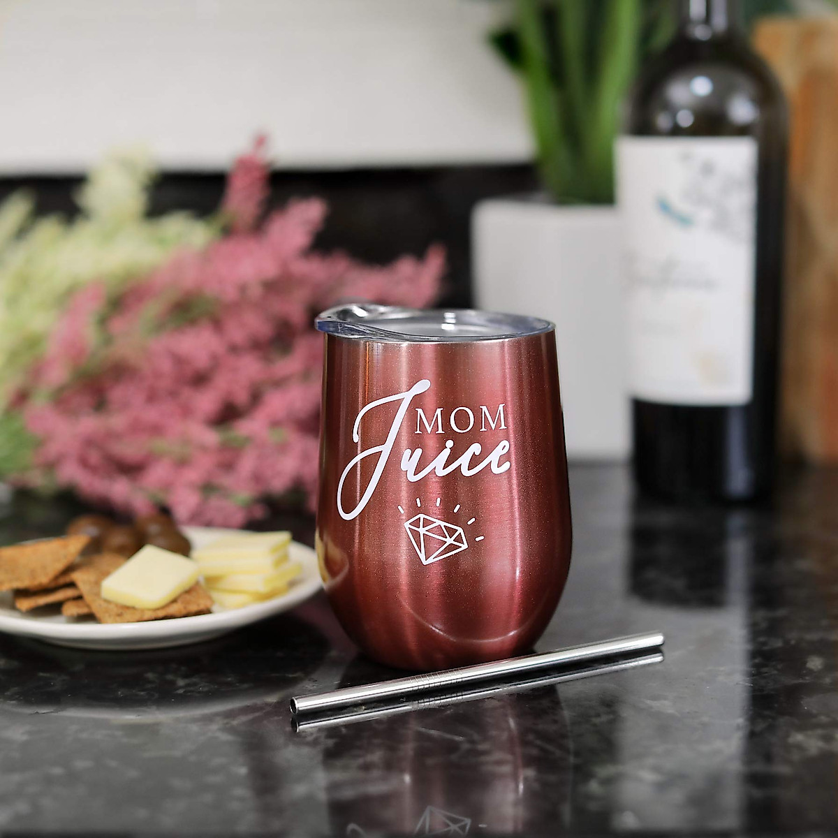 Mom Stainless Steel Wine Tumbler - 12oz with Steel Straw, BPA Free Lid, & Straw Cleaning Brush - Stemless Insulated Wine Tumbler with Lid - Gift for Mothers who Love Coffee, Tea - Mom Juice