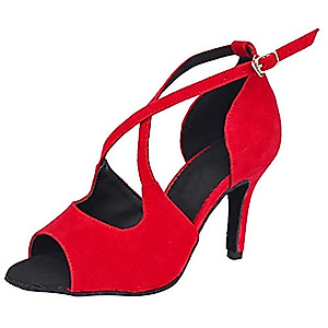 Womens Professional Latin Heels Salsa Body Strap Ballroom Pumps Jazz Heeled Tango Chacha Peep Toe Bachata Shoes7.5CM Heeled SOFE Sole Custom Heel Red US 11