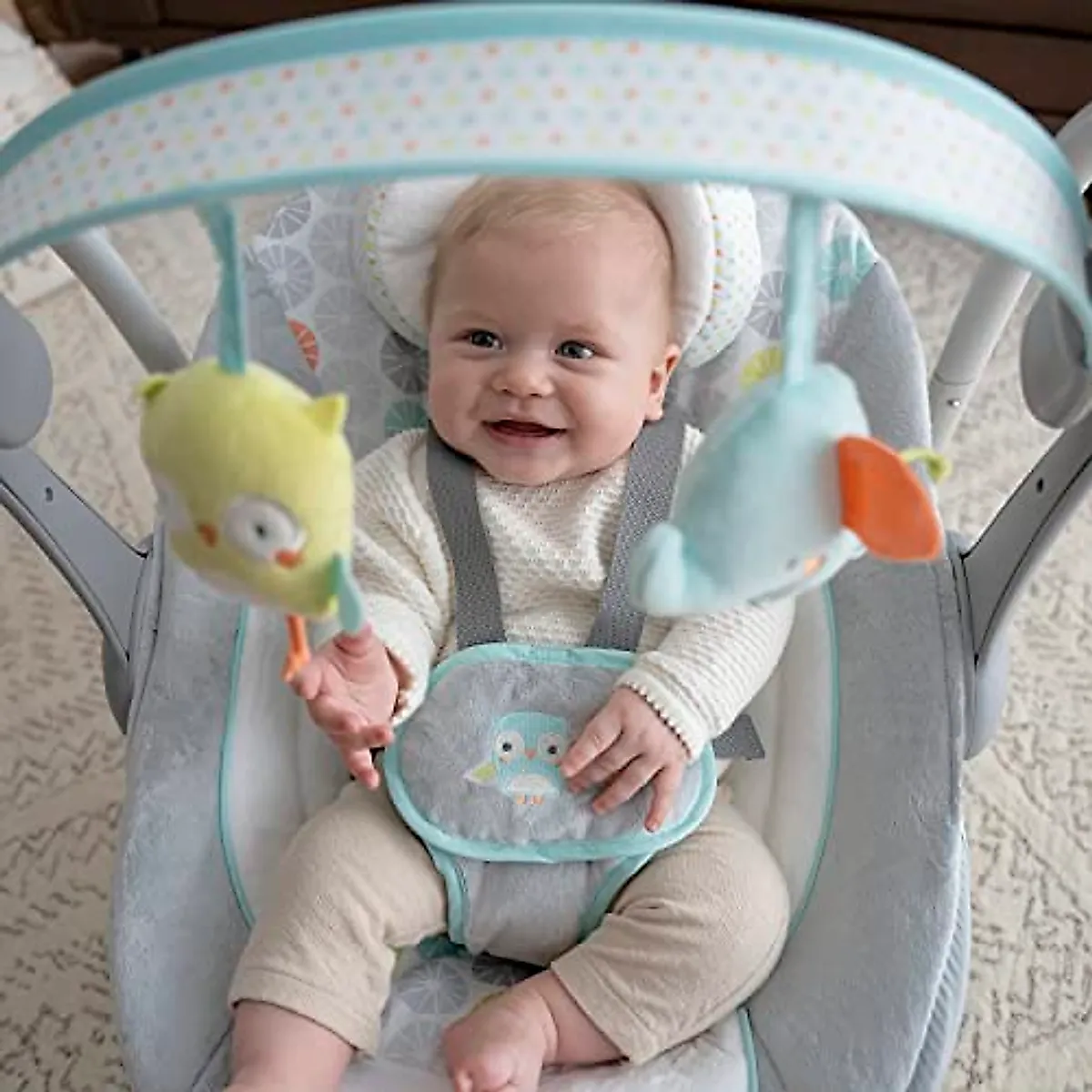 Ingenuity 5-Speed Portable Baby Swing with Music, Nature Sounds & Battery-Saving Technology - Hugs & Hoots, Swing 'n Go, 0-9 Months