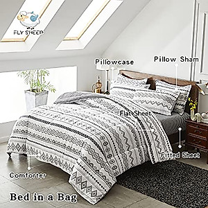 Flysheep Boho Bed in a Bag 7 Pieces Queen Size, Black and White Bohemian Geometric Reversible Bed Comforter Set for All Season(1 Comforter, 1 Flat Sheet, 1 Fitted Sheet, 2 Pillow Shams, 2 Pillowcases)