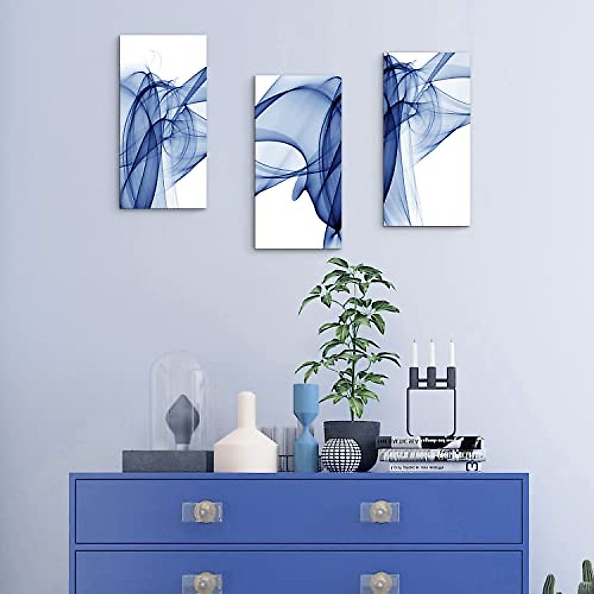 Creoate Blue Wall Art 3 Pieces Abstract Blue and White Painting Canvas Print Artwork Framed Set Home Decor for Bedroom Living Room Wall Decor Ready to Hang, Small, 8x16 Inch x3pcs