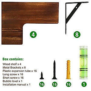 iiidol Corner Floating Shelves ,Set of 4 Wall Mounted Corner Shelf Rustic Wood Wall Shelves Storage Display Shelf Decor for Living Room, Bedroom, Kitchen (Arbonized Black)