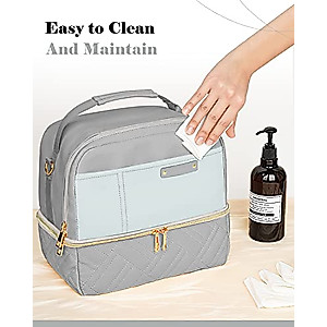 GLORIEROO Lunch Bag Women Men, Large Insulated Lunch Box Tote Cooler - Stylish Vegan Leather 2 Tier Lunch Bag with Adjustable Shoulder Strap for Adults Travel Work, Blue Grey