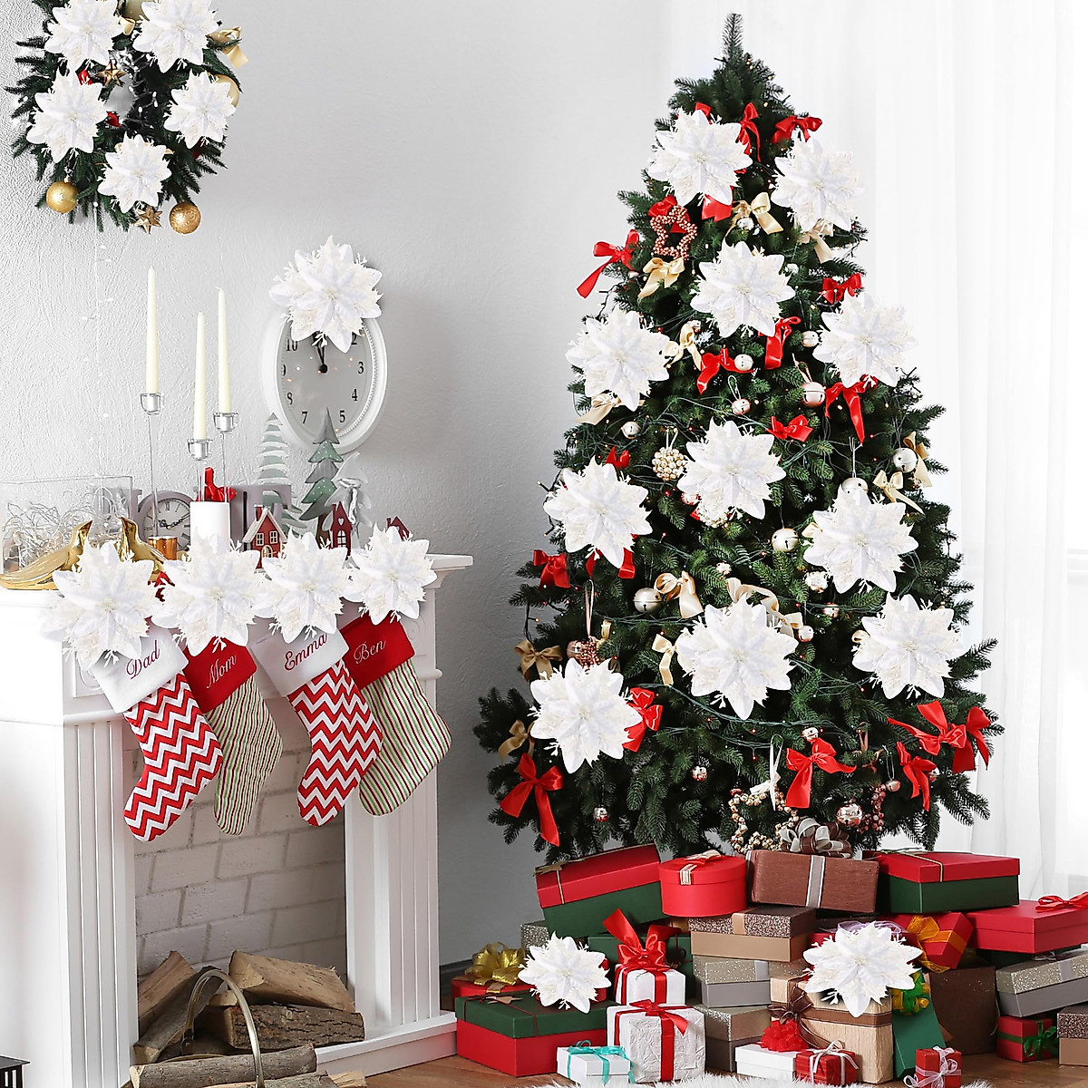 Sggvecsy 24 Pcs Christmas Glitter Poinsettia Flowers Christmas Tree Ornaments Artificial Christmas Flowers Decorations with Clips for Xmas Holiday Wedding Wreath Party Floral Decorations (White)