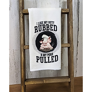 I Like My Butt Rubbed and My Pork Pulled - White Waffle Weave Hand Towel Pig Chef Decor BBQ Grilling Gift
