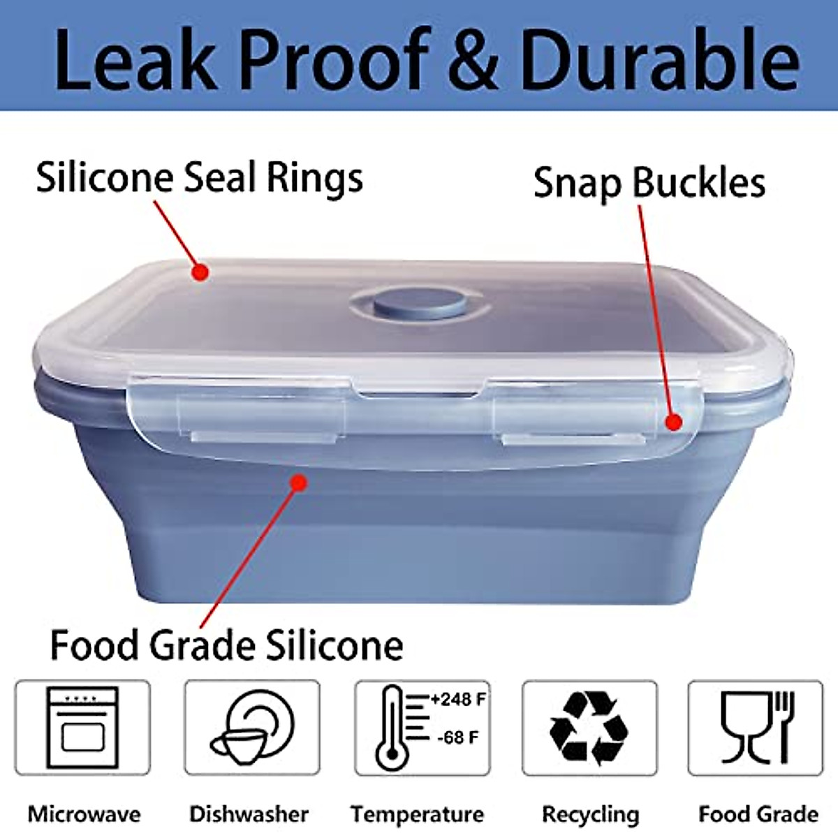 RMAMSCOV Silicone Collapsible Food Storage Containers with Airtight Lid, Set of 4 Silicone Lunch Containers, Prep/Storage Bowls Microwave and Freezer and Dishwasher Safe (Grey)