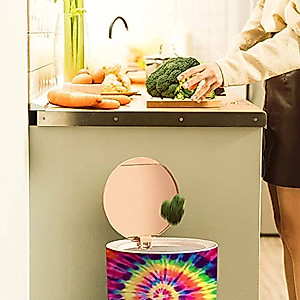 SHL96PZGX Small Trash Can with Lid Tie Dye with Wood Legs Wastebasket Simple Human Round Garbage Bin for Kitchen, Bathroom, 1.8 Gallon - 7L