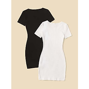 SOLY HUX Girl's 2 Piece Notched Neck Short Sleeve Ribbed Knit Bodycon Mini Dress Black White 8-9Y