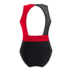 Aislor Girls' Ballet Dance Leotard Sleeveless Mesh Patchwork Criss Cross Back Unitards Gymnastic Jumpsuit Activewear Red&Black 14 Years