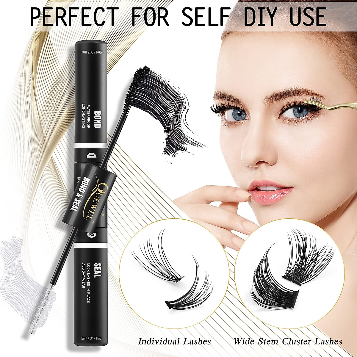 QUEWEL Cluster Lashes 72 Pcs Wide Stem Colored Eyelash Clusters& Lash Bond And Seal, Lash Cluster Glue For DIY Eyelash Extensions