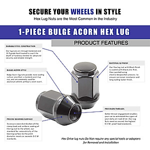 Wheel Accessories Parts 20 Pcs M14x1.5 14x1.5 Thread Bulge Acorn 35mm 1.38" Long Lug Nuts Black 3/4" 19mm Hex Fits 2010+ Chevy Camaro | Dodge Charger Challenger | 2014+ Ford Mustang