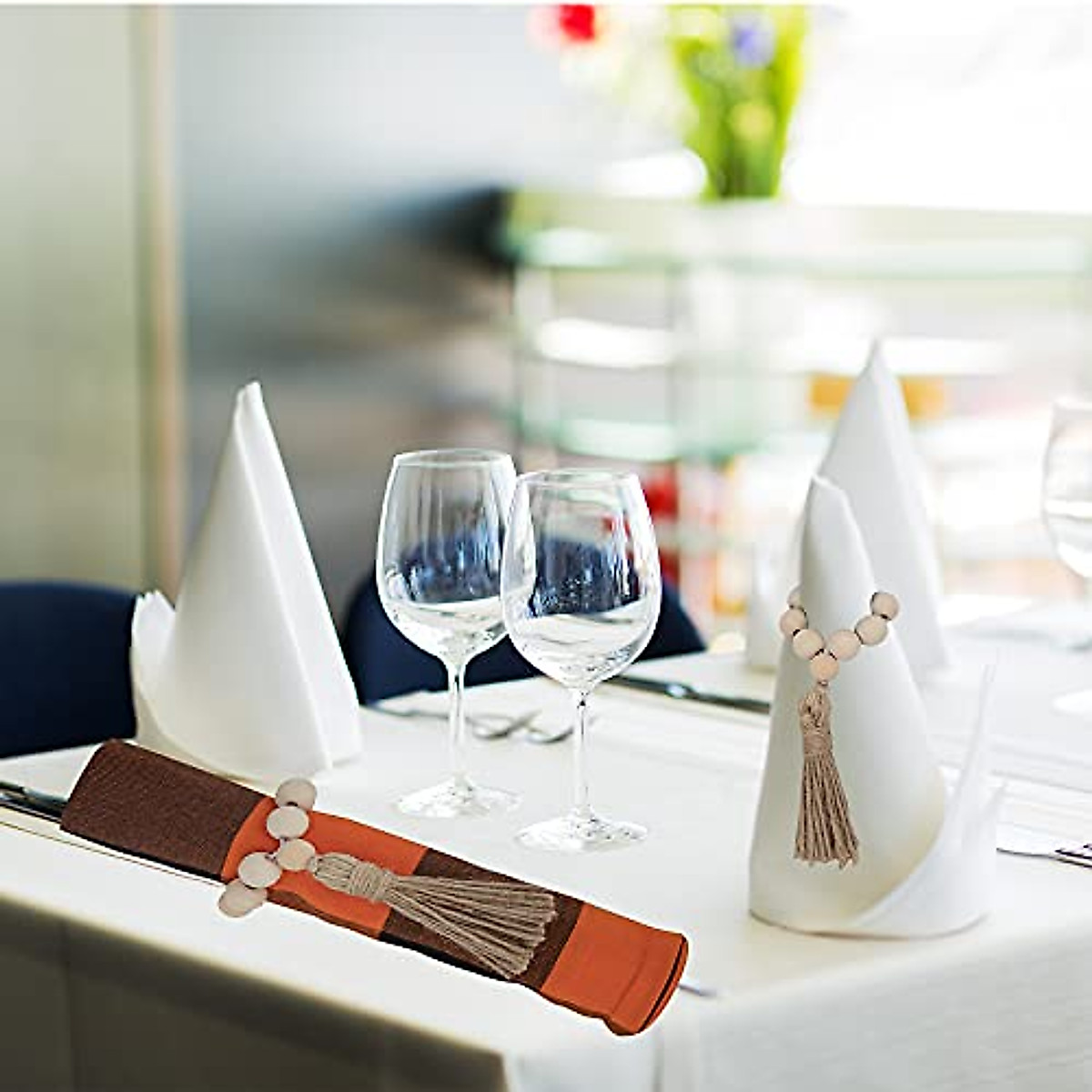 Wood Bead Napkin Rings Natural Wooden Beads Napkin Holders with Tassels Elastic Wooden Napkin Buckles for Christmas Farmhouse Wedding Home Table Decoration (6)