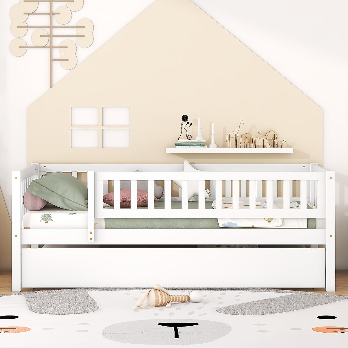 Harper & Bright Designs Twin Size Daybed with Trundle, Wood Kids Twin Platform Bed Frame with Rails, No Box Spring Needed, Easy Assembly (White)