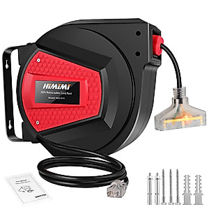 50FT Retractable Extension Cord Reel, 14AWG/3C Power Cord Reel for Garage Workshop, Wall/Ceiling Mounted Extension Cord Reel, 13A Circuit Breaker, 3-Lighted Triple Outlets, UL Listed