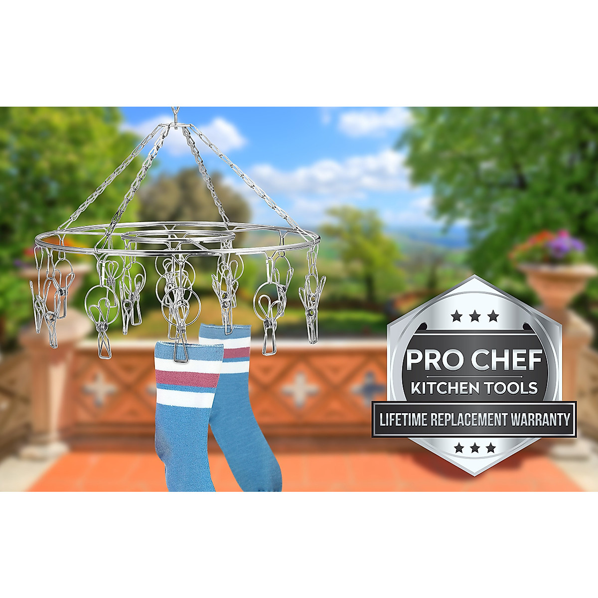 Pro Chef Kitchen Tools Clothes Drying Rack - Round Clothing Racks - Laundry Portable Clothesline Includes 18 Metal Clothespins Hanger Clips Set - Baby Clothes Storage Closet - Herb Hanging Air Dryer