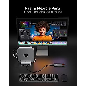 uni Mac Mini Dock, 5-in-1 Hub Stand 10Gbps Super Fast SSD Enclosure[Aluminum Vertical], USB 3.2 USB-C & USB-A, Micro SD & SD Card Reader Compatible with M.2 NVMe/SATA(Not Included)