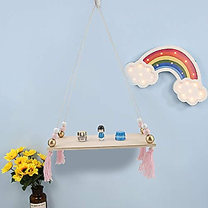 Mumusuki Wall Hanging Shelf with Round Beads Decorative Hanging Swing Rope Floating Shelves Storage Rack DIY Home Wall Hanging Decor(Pink + Gold)