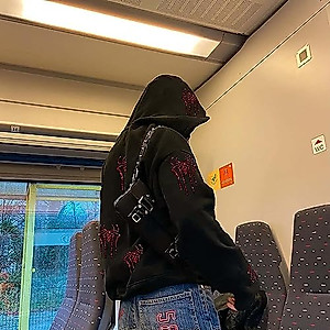 Rvnsu Women's long-sleeved full-zip hoodie novelty rhinestone hooded sweatshirt, Y2K street hip-hop sweatshirt with kangaroo pocket(Red,M)