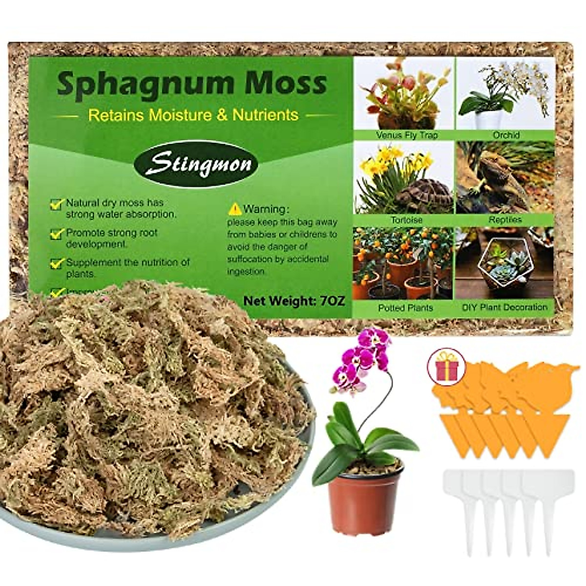 Stingmon 25QT Sphagnum Moss for Plants, Orchid Moss for Potted Plants Peat Moss, Dried Sphagnum Moss for Orchids Reptiles Potting Mix Soil Ochid Soil (7oz 200g)
