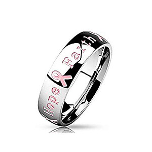 Luxe Modz Women’s Inspirational Breast Cancer Awareness Ring, Stainless Steel, Courage Hope Faith Pink Ribbon Charm Ring, Size 11, 6mm Wide, Stylish & Comfortable, Breast Cancer Survivor Gift