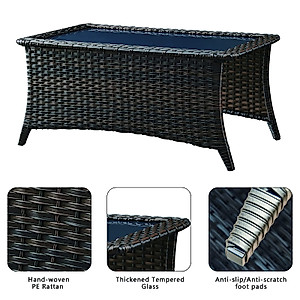 Pugire Patio Table Outdoor Coffee Tables - Rattan Wicker Coffee Table with Glass Top and 2-Tier Storage Shelf Rectangle for Outdoor Patio Porch Deck Balcony Garden(Brown/Glass Top)