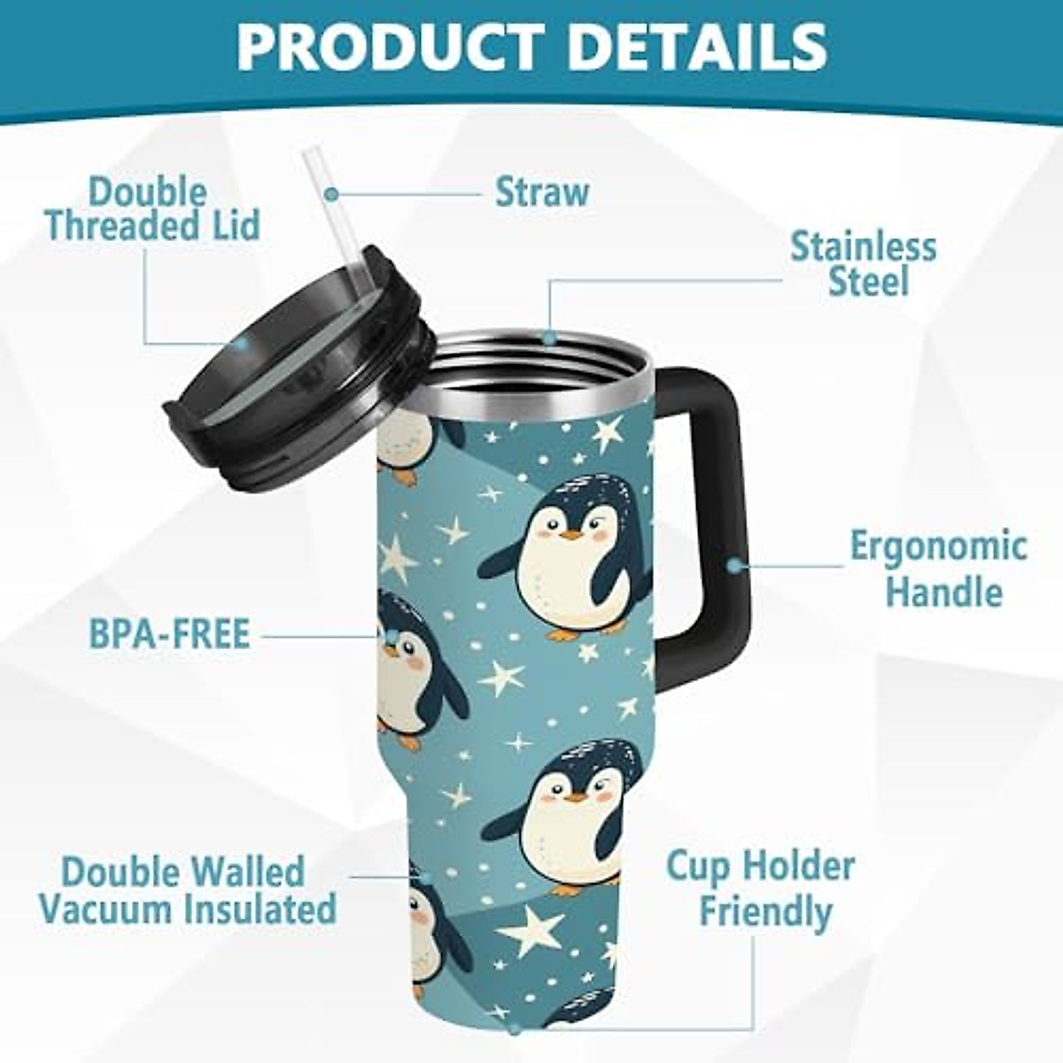 FRCSDIY Cute Penguin Insulated Tumbler with Handle and Straw Lid,40oz Leakproof Stainless Steel Cup BPA-Free Water Bottle