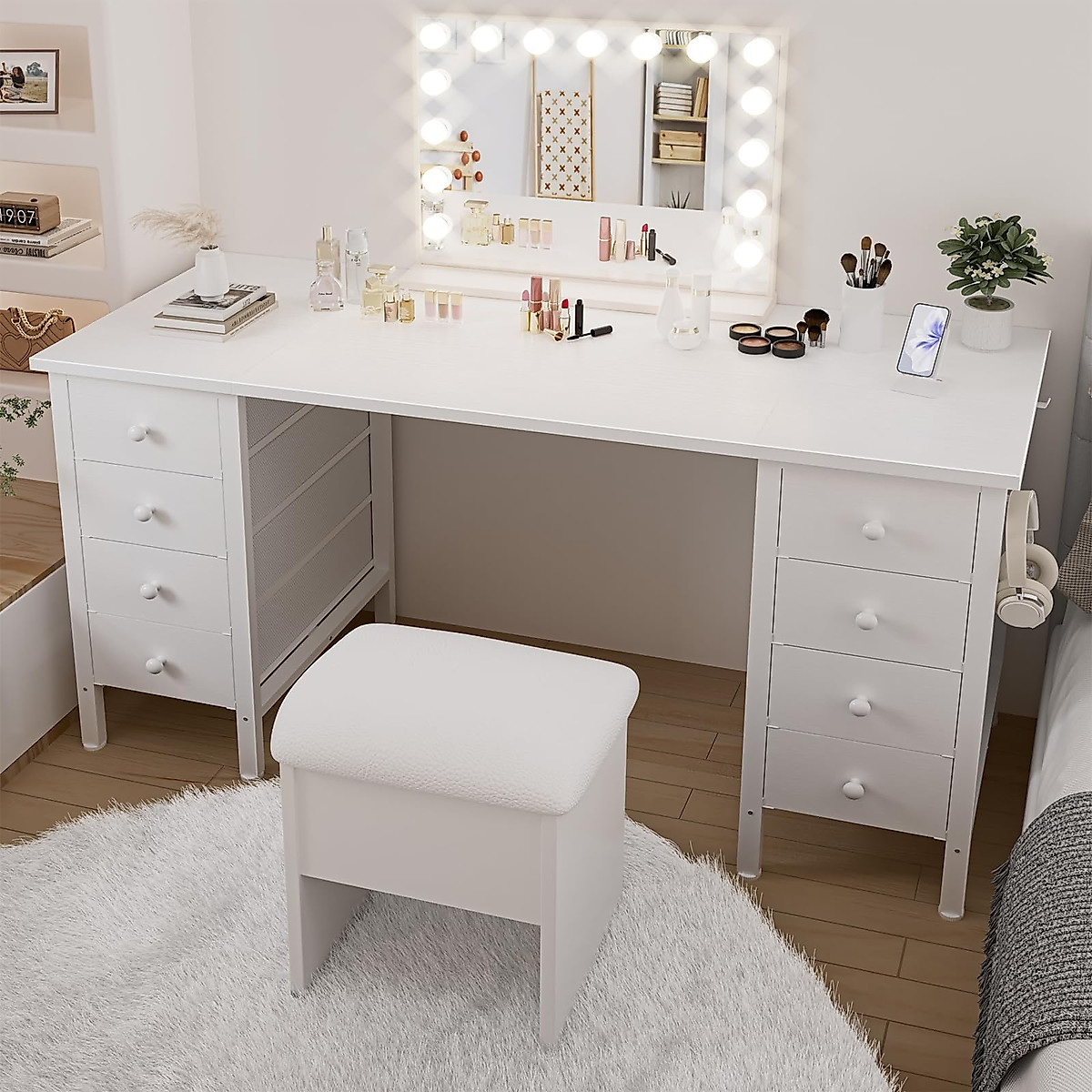 White Computer Desk with Drawers for Storage - 55 inch Home Office Desk with 8 Fabric Drawers, Writing Study Desk with Drawers on Both Sides for Bedroom