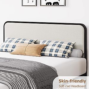 GarveeHome Full Bed Frame with Headboard, Upholstered Bed Frame Full with Silent Foam Strip, 10.2 Inch H Storage Space, Metal Bed Frame Full Size, No Box Spring Needed, Beige