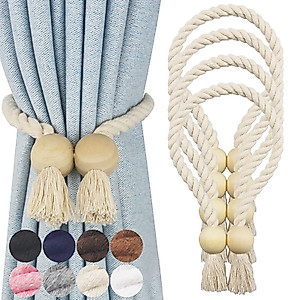 Nieffeiy 4 Pack Magnetic Curtain Tiebacks Cotton Hand Woven Tie Back Decorative Rope Holdbacks for Curtains Draperies No Tools Required, Beige