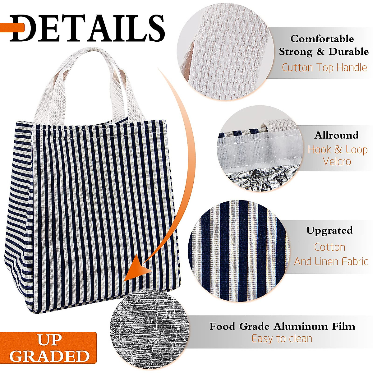 Daixers Lunch Bag Insulated Lunch Box for Women Men,Reusable Adult Lunch Tote Bags for Work or Travel (Striped Blue)