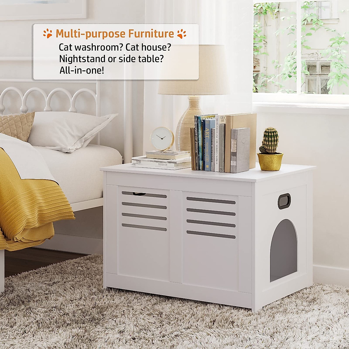 DINZI LVJ Hidden Cat Litter Box Enclosure, Flip Top Cat Washroom Furniture, Good Ventilation, Entrance Can Be on The Left or Right, Enclosed Cat Litter House Side Table for Most of Litter Box, White