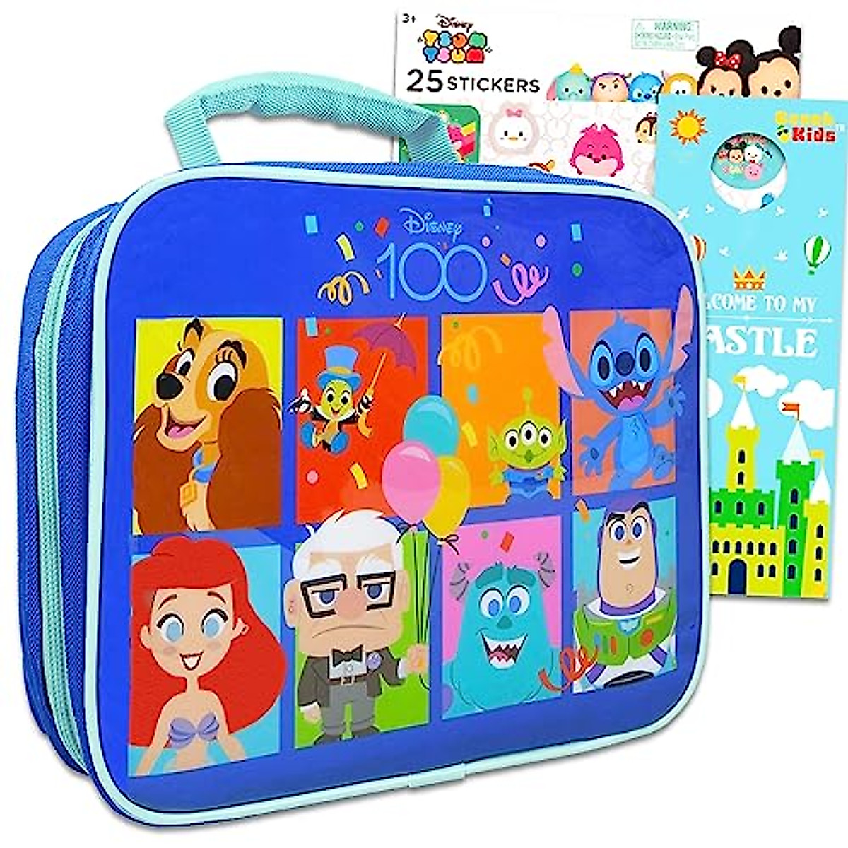Disney 100 Lunch Box for Kids Set - Bundle with Disney Lunch Bag Featuring Ariel, Stitch, Buzz Lightyear, More Plus Stickers | Disney Lunch Box for Girls