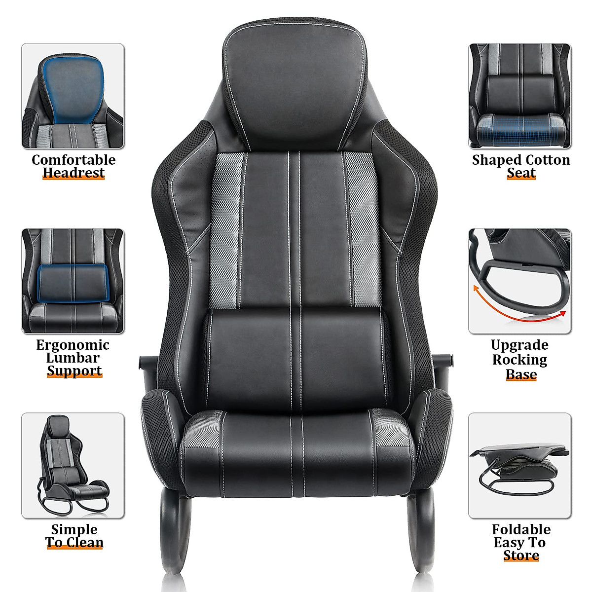 Upgrade Floor Chair Rocker Chair Floor Gaming Chair for Teens, Lightweight Design Without armrests Game Chairs with Folding Backrest, Lazy Sofa Lounger for TV,Reading,Playing. Black Silver