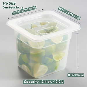 CURTA 6 Pack Translucent Food Pan with Lid, 1/6 Size 6" Deep NSF Listed Commercial-Grade Polypropylene Plastic